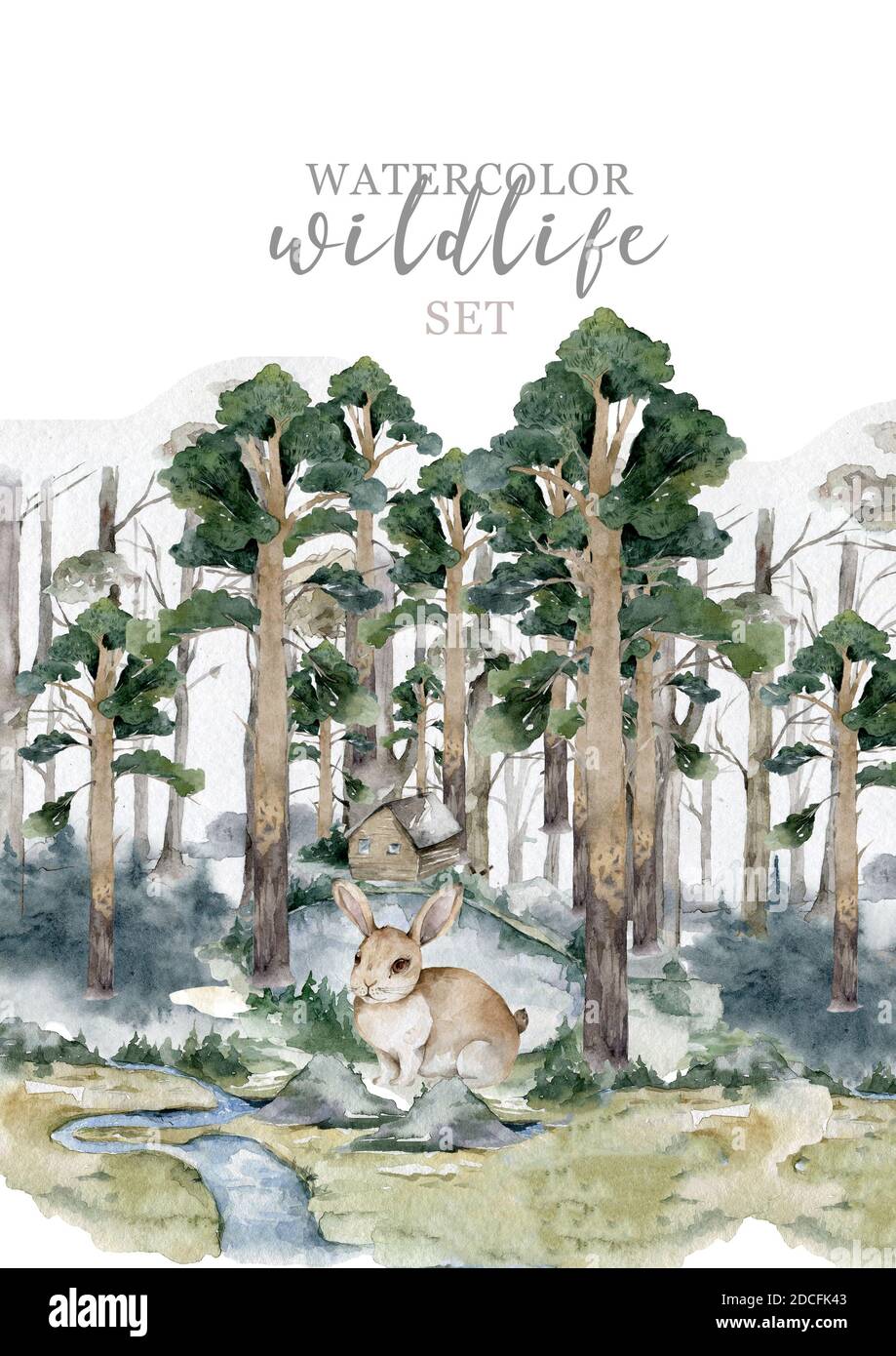 Hand drawn watercolor in the forest with tree camping design isolated ...
