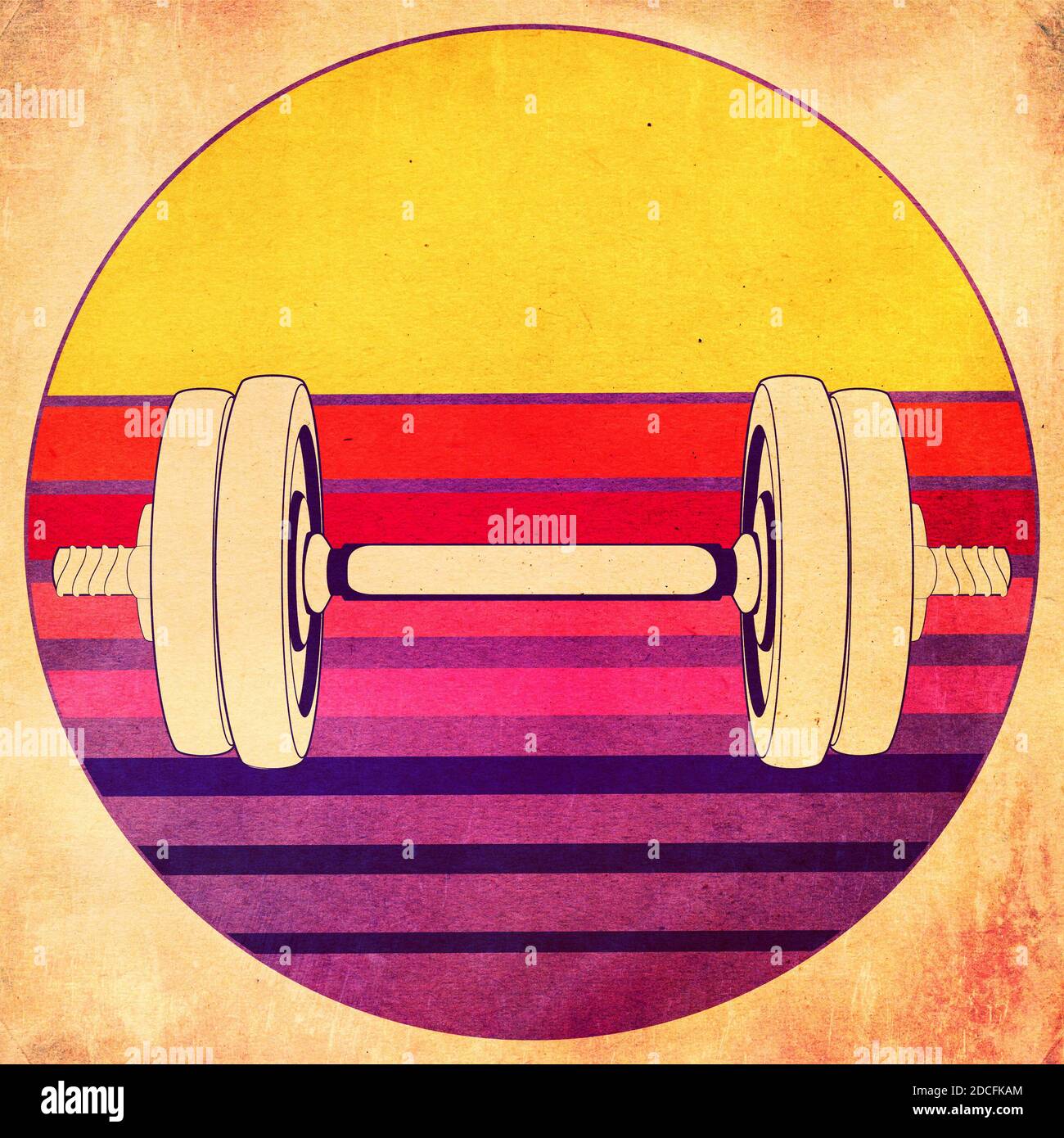 Abstract fitness themed retro design, dumbbells paper textured ...