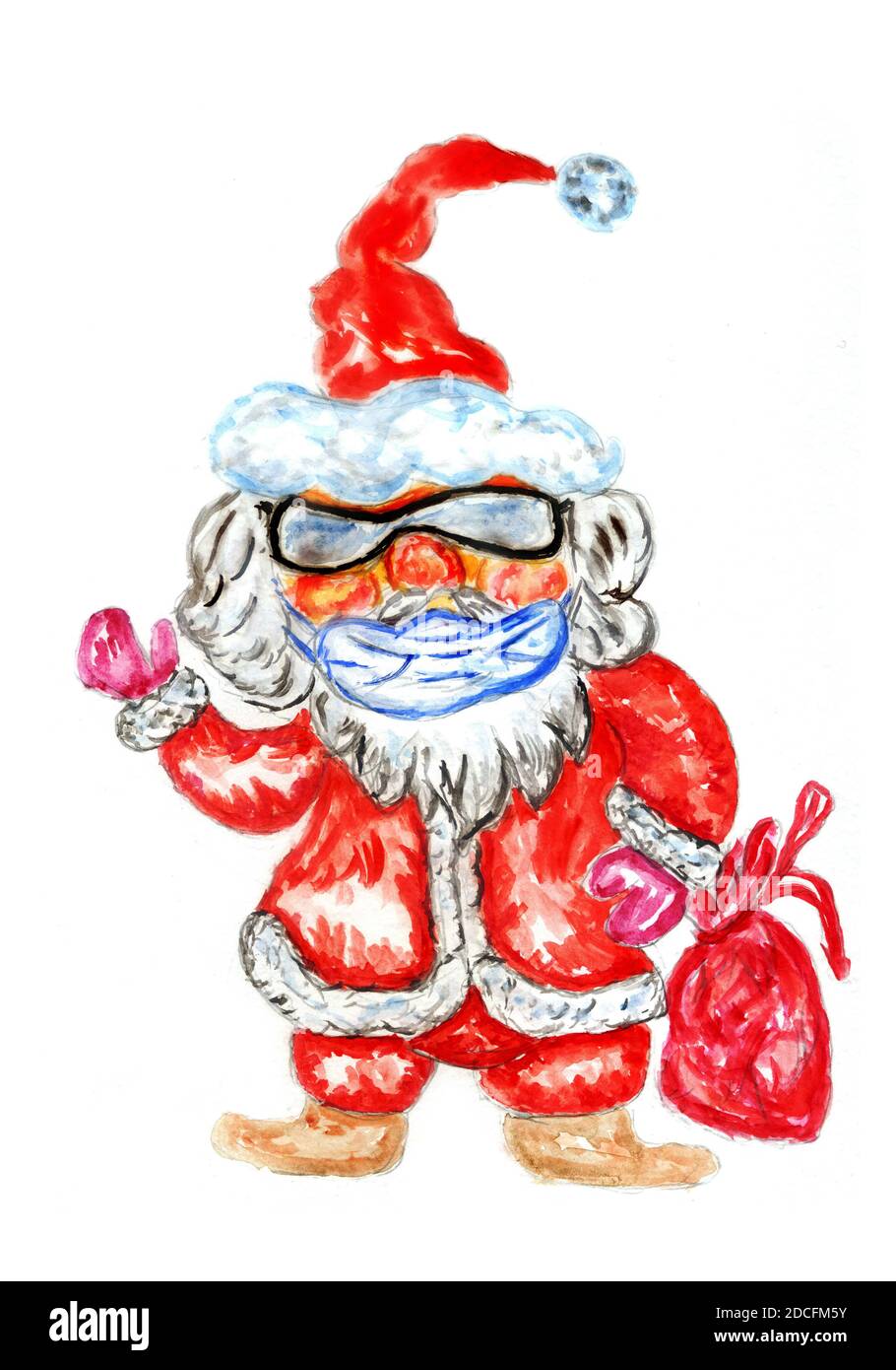 Cartoon Santa Claus wears protective mask hand drawn illustration Stock ...