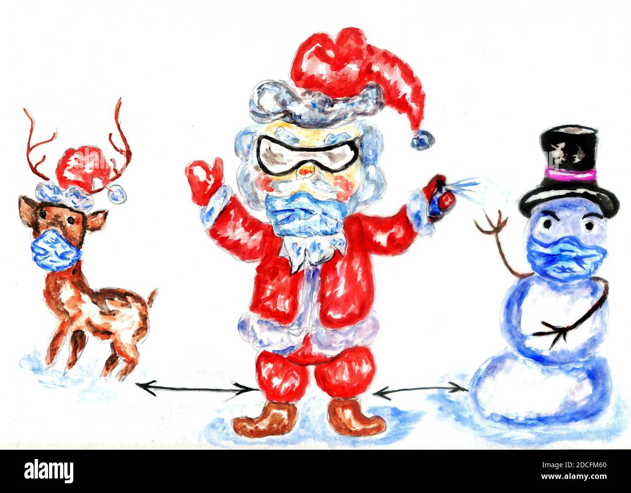 Cartoon Santa Claus wears protective mask hand drawn illustration Stock ...