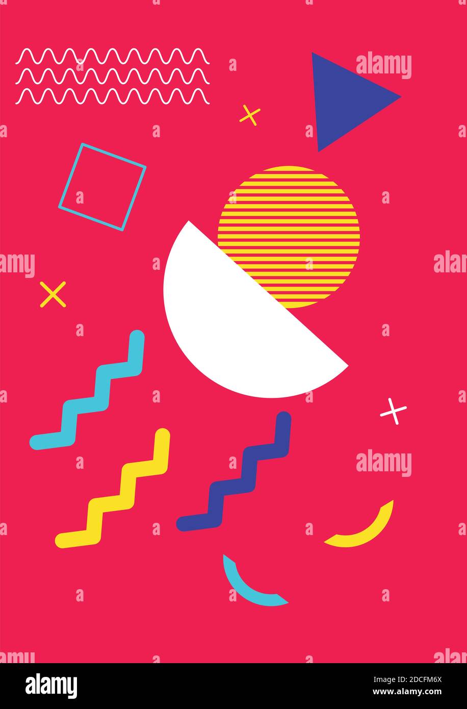 red color memphis style background with figures vector illustration ...