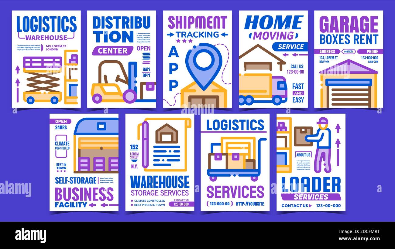 Warehouse Services Promotion Posters Set Vector Stock Vector Image ...