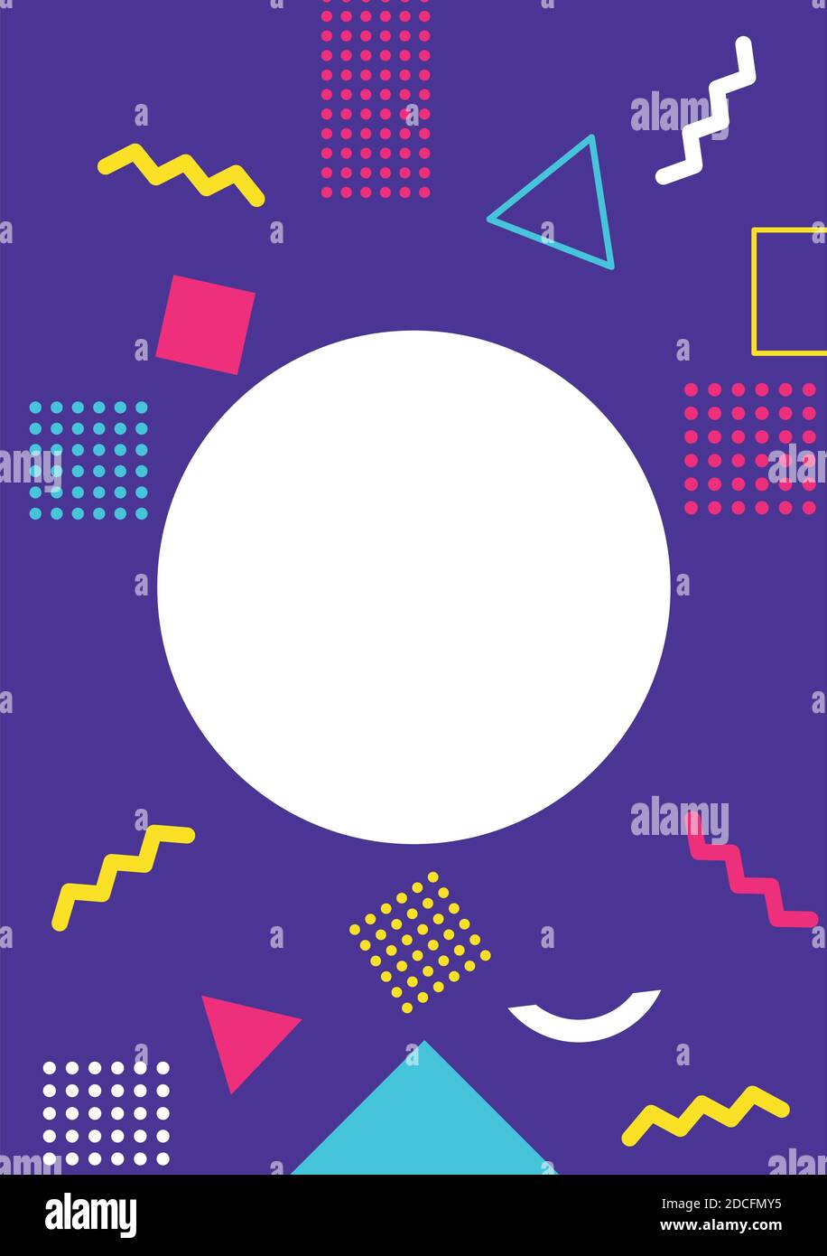 purple color memphis style background with circular frame vector ...