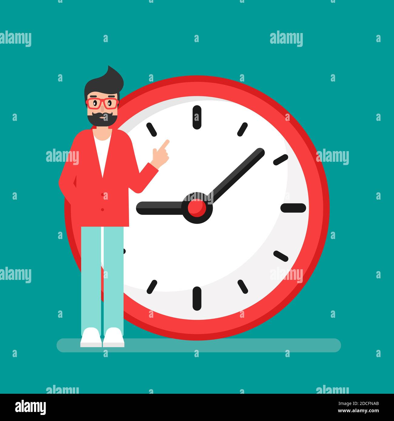 Hipster man with red clock isolated on blue background. Fast time stop ...