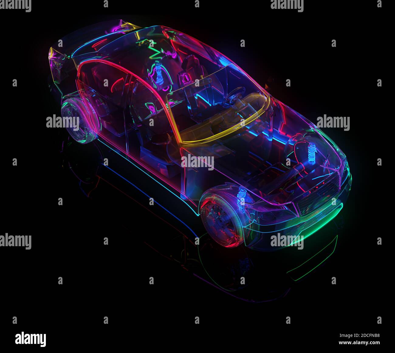 Glass car with neon lighting. The edges of the car are highlighted ...