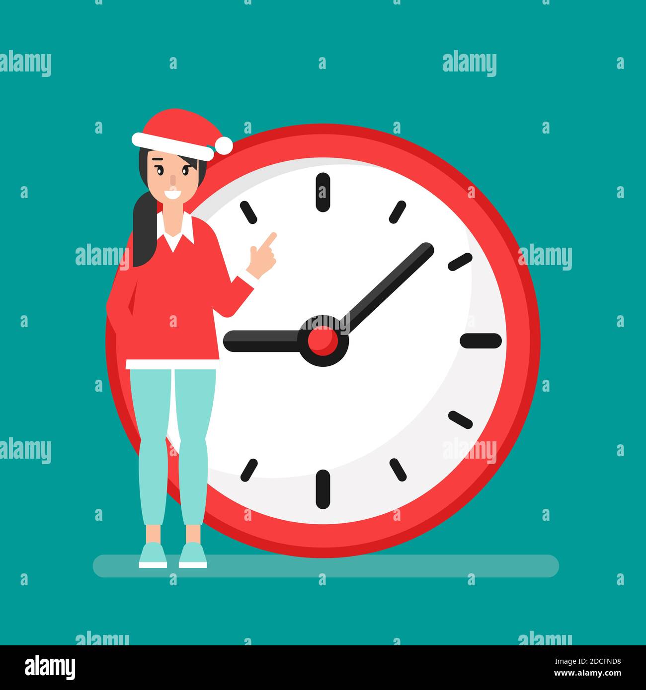 smiling girl with red clock and Santa Hat isolated on blue background ...