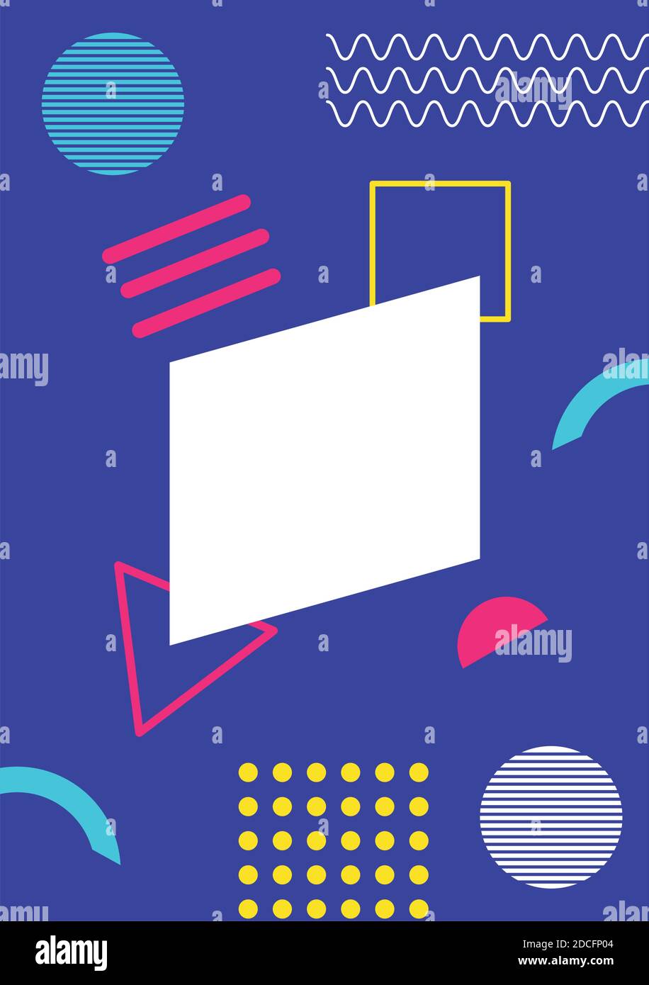 blue color memphis style background with figures vector illustration ...