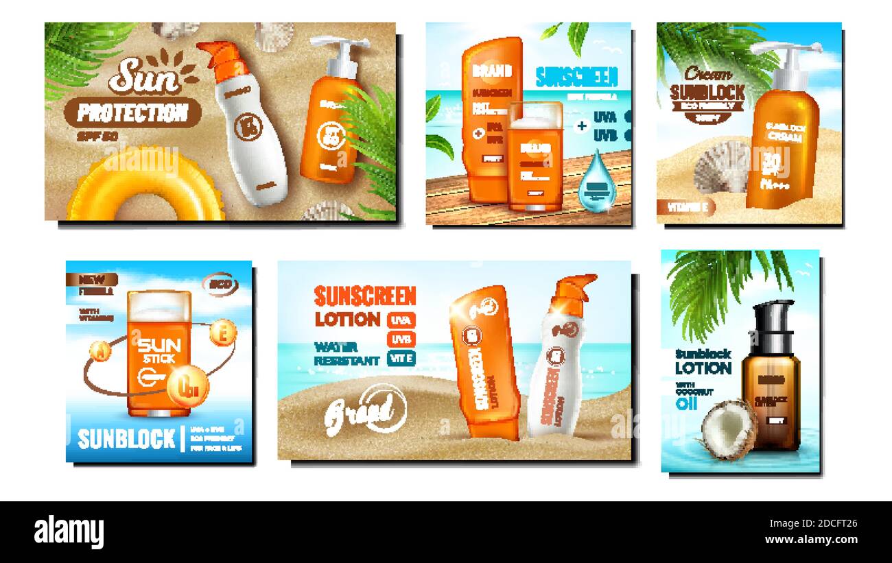 Sunscreen Cream Promotional Posters Set Vector Stock Vector Image & Art ...