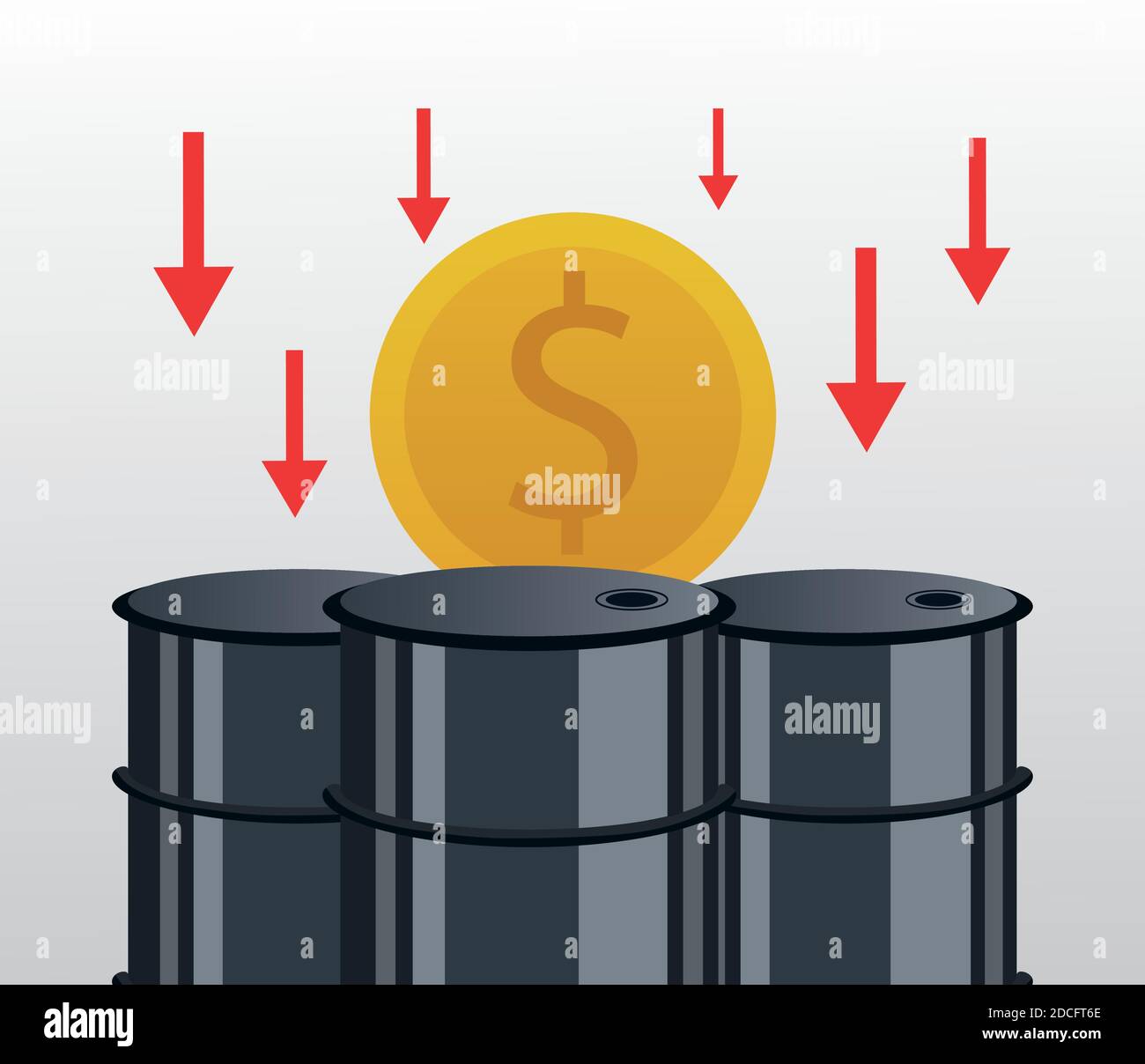 oil price graphic with coin in barrels and arrows down vector ...