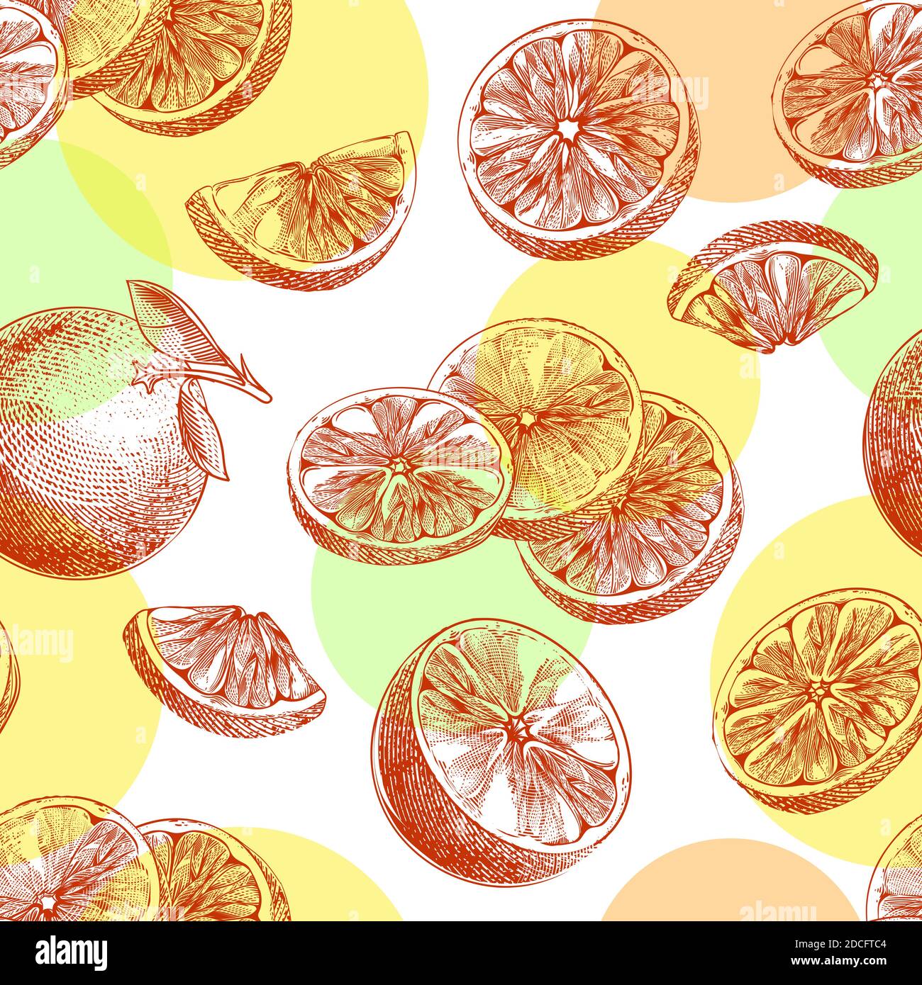 Orange seamless pattern. Slice, whole and half of citrus. Hand drawn vector illustration, sketch ...
