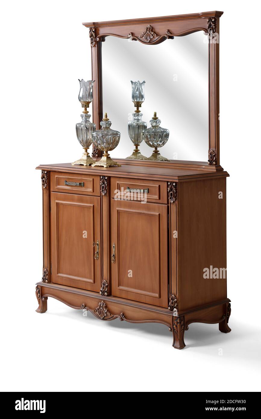 brown wooden classic console on white background . Front view Stock ...