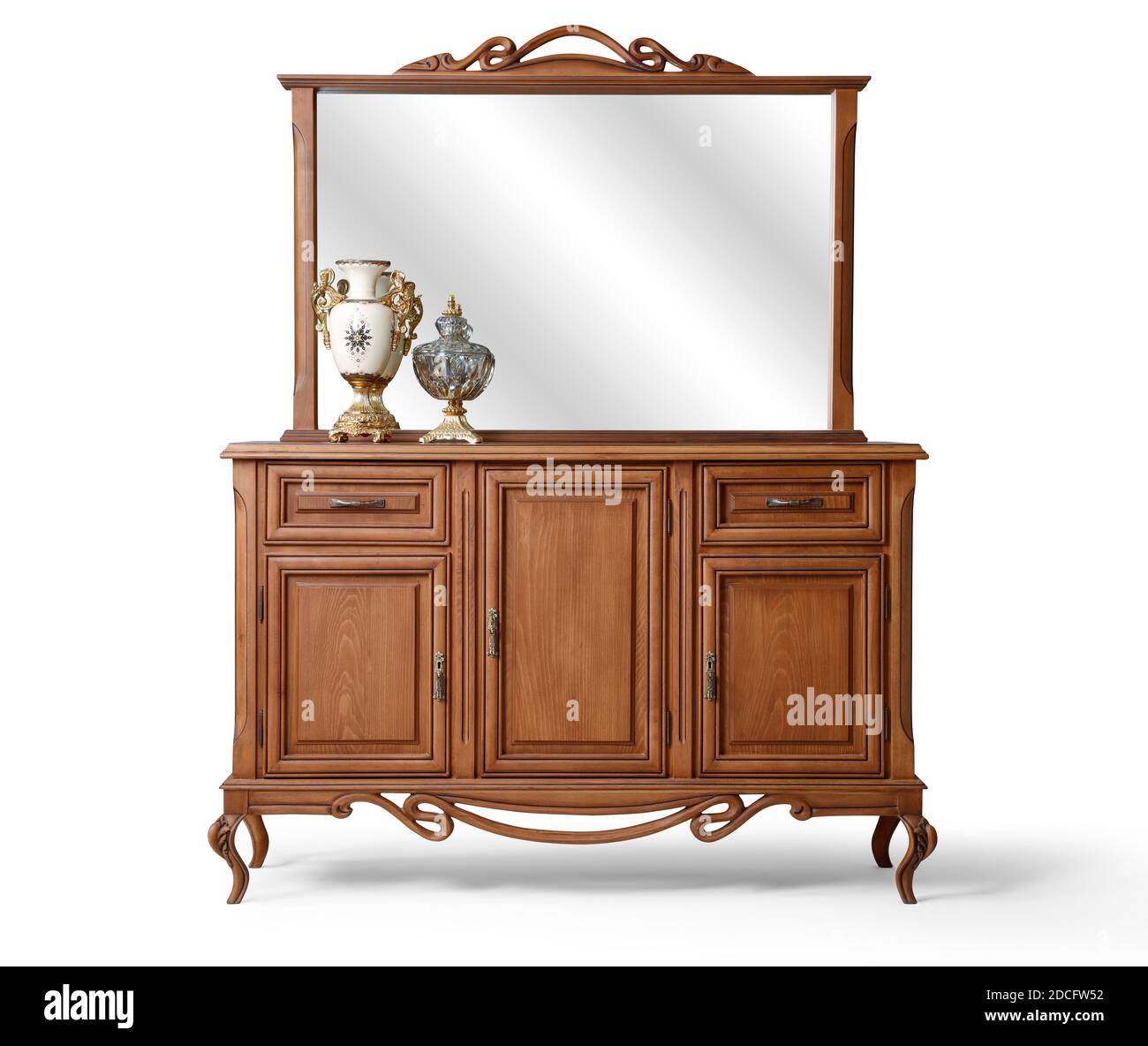 brown wooden classic console on white background . Front view Stock ...