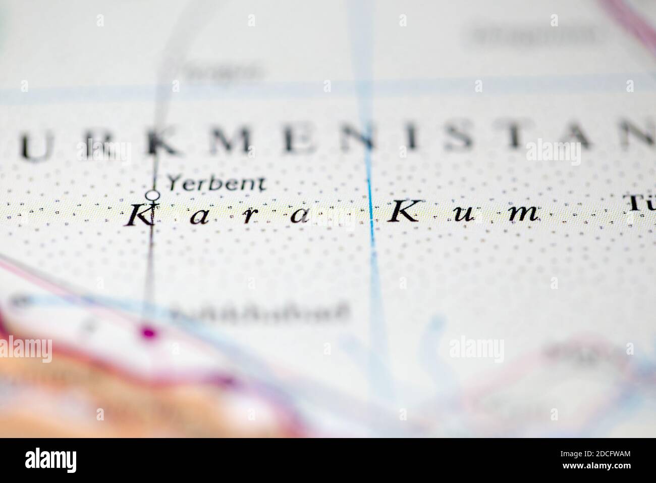 Shallow depth of field focus on geographical map location of Karakum ...