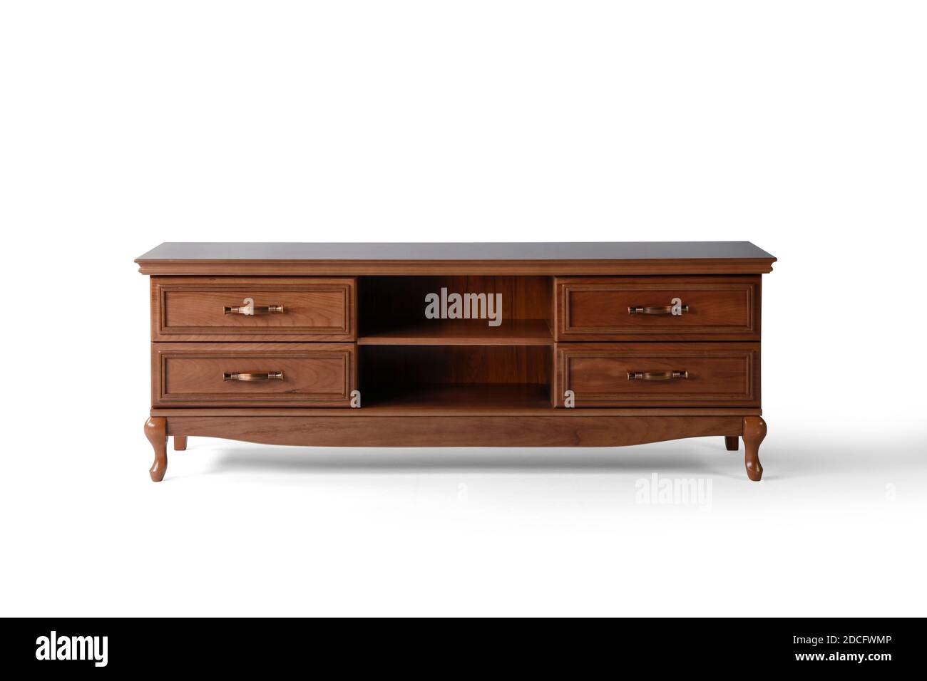 Brown modern TV table wood on white background . corner view Stock ...