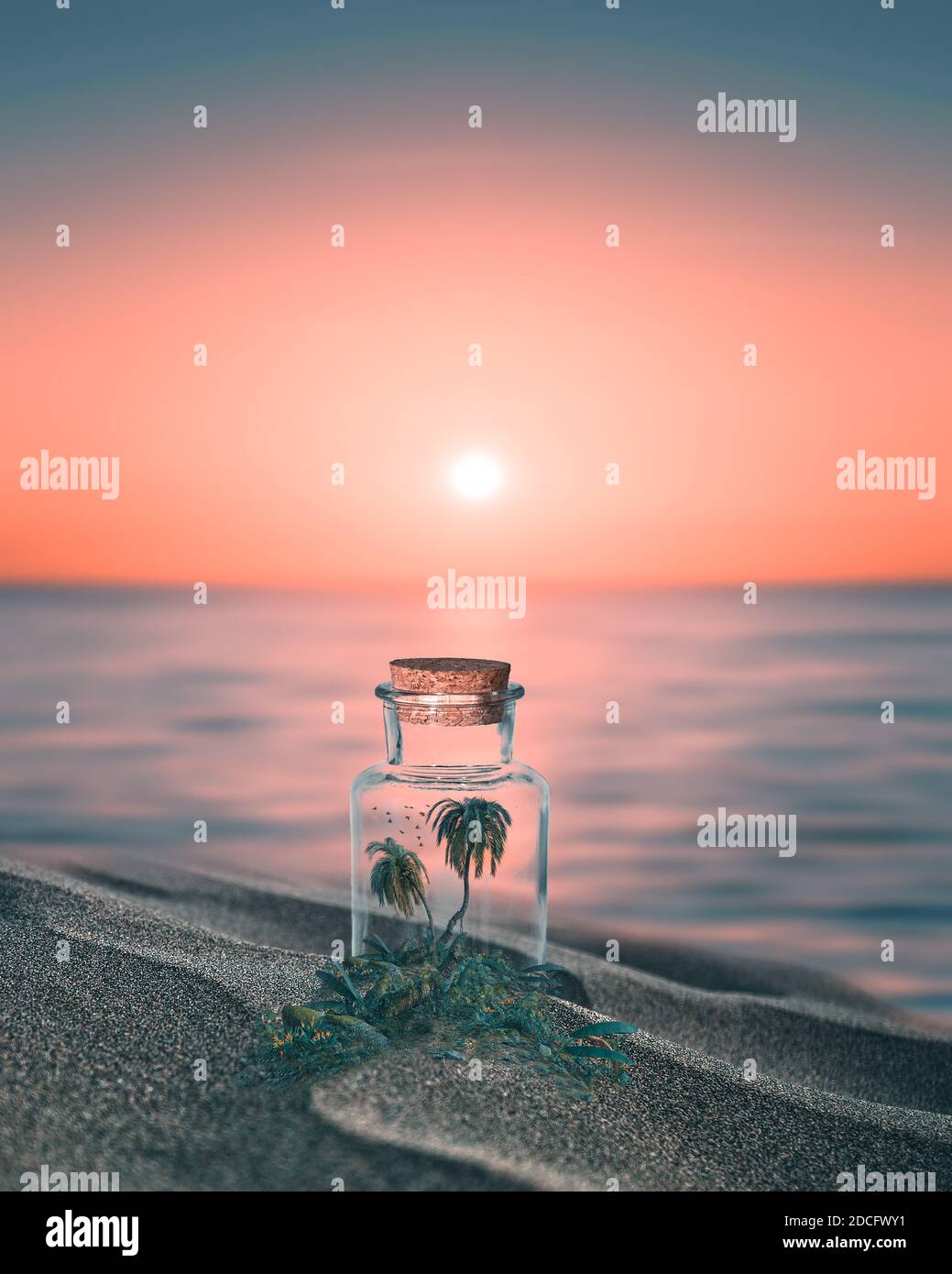 Palm trees inside the jar at the beach against sunrise/sunset with sand ...