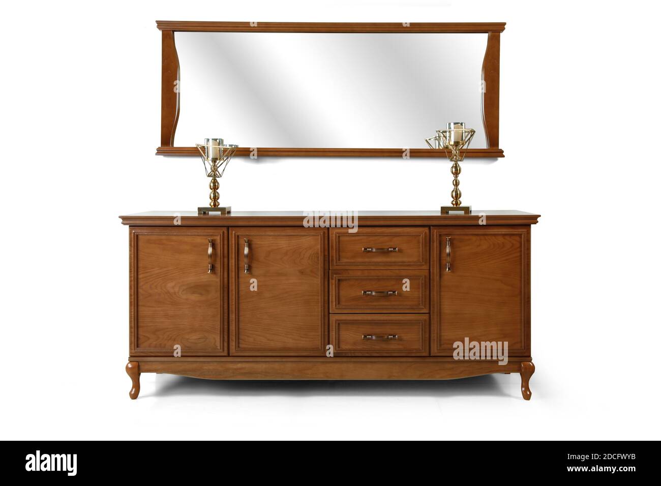 brown wooden console on white background . Front view Stock Photo - Alamy