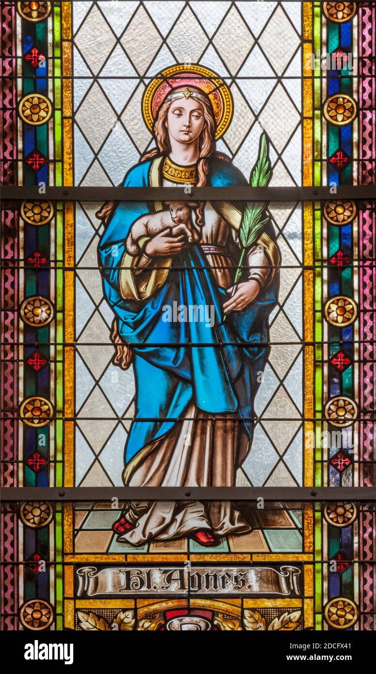 VIENNA, AUSTIRA - OCTOBER 22, 2020: The St. Agnes on the stained glass ...