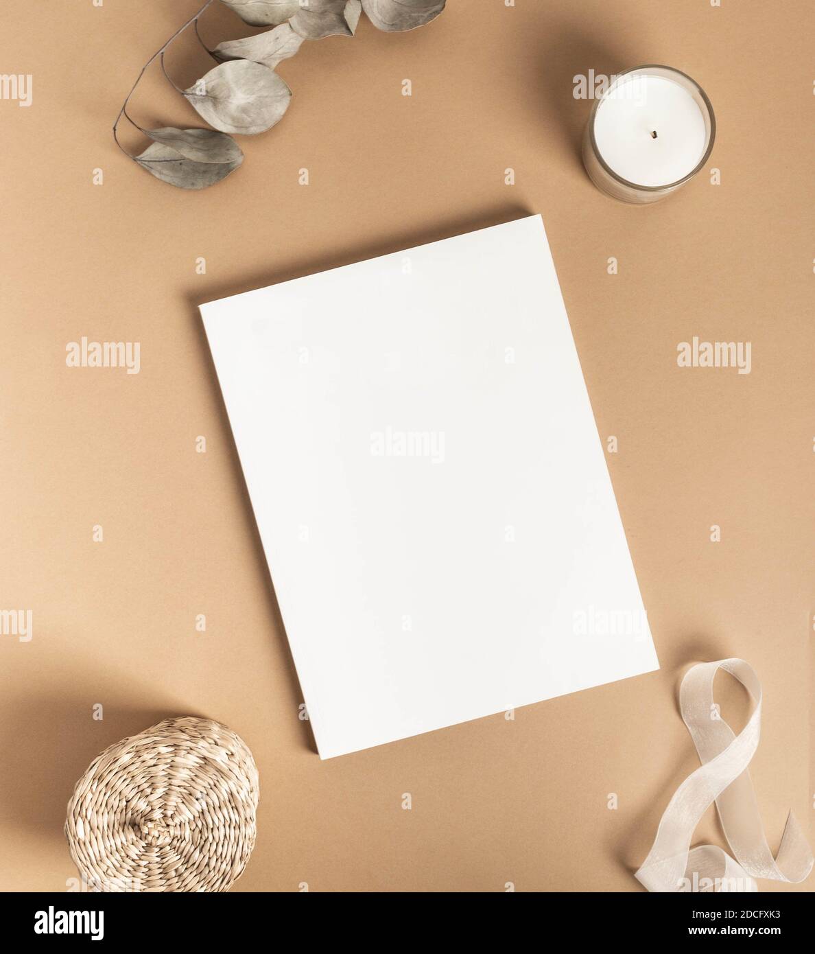 White magazine cover mockup and various decor on beige background. top ...