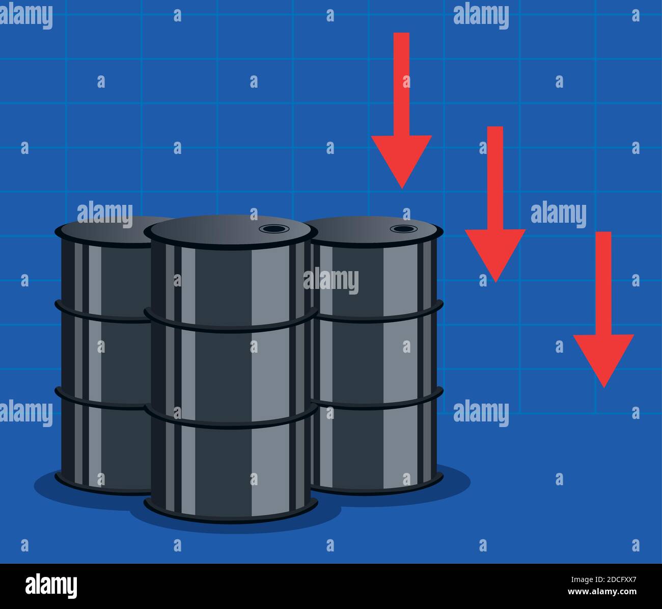 oil price graphic with barrels and arrows down vector illustration ...