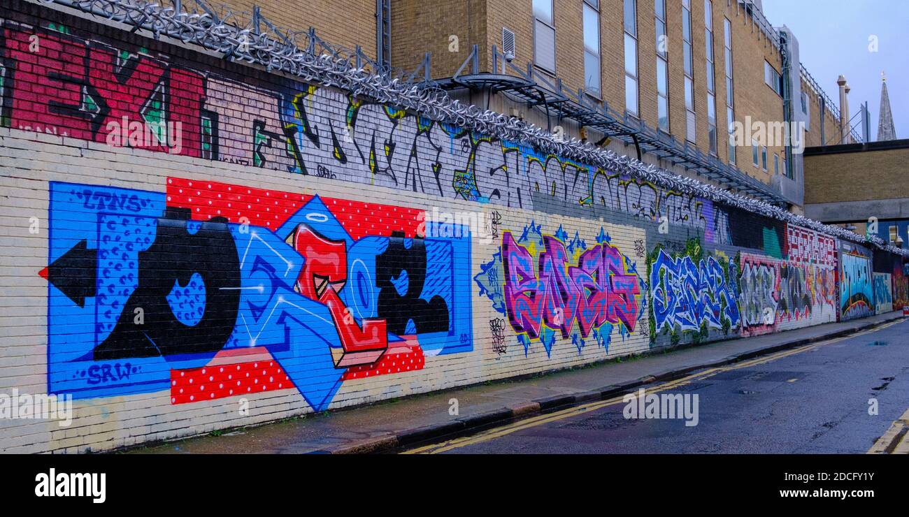 Bright colourful graffiti including work by Décor, Tizer and Snag, on ...