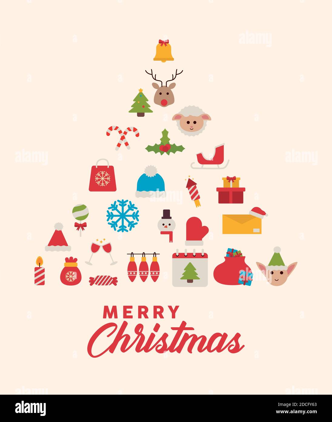 lettering and bundle of merry christmas flat style icons in pine shape ...
