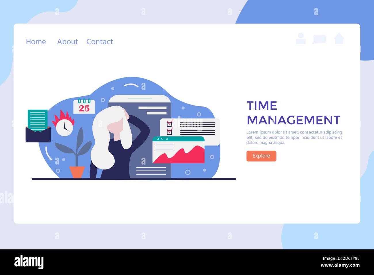 Vector concept of work time management with character, alarm clock ...