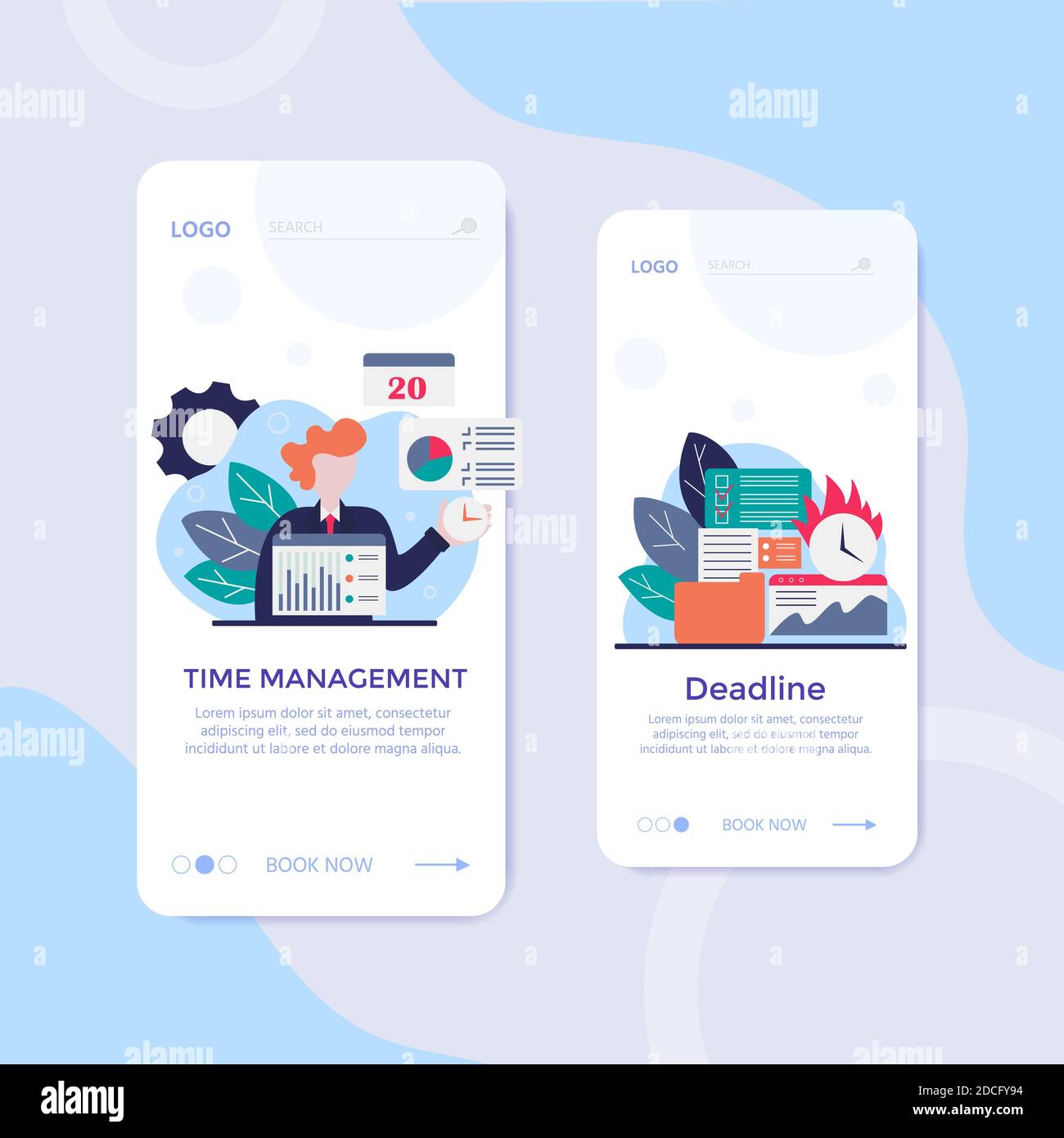 Vector concept of work time management with character, alarm clock ...