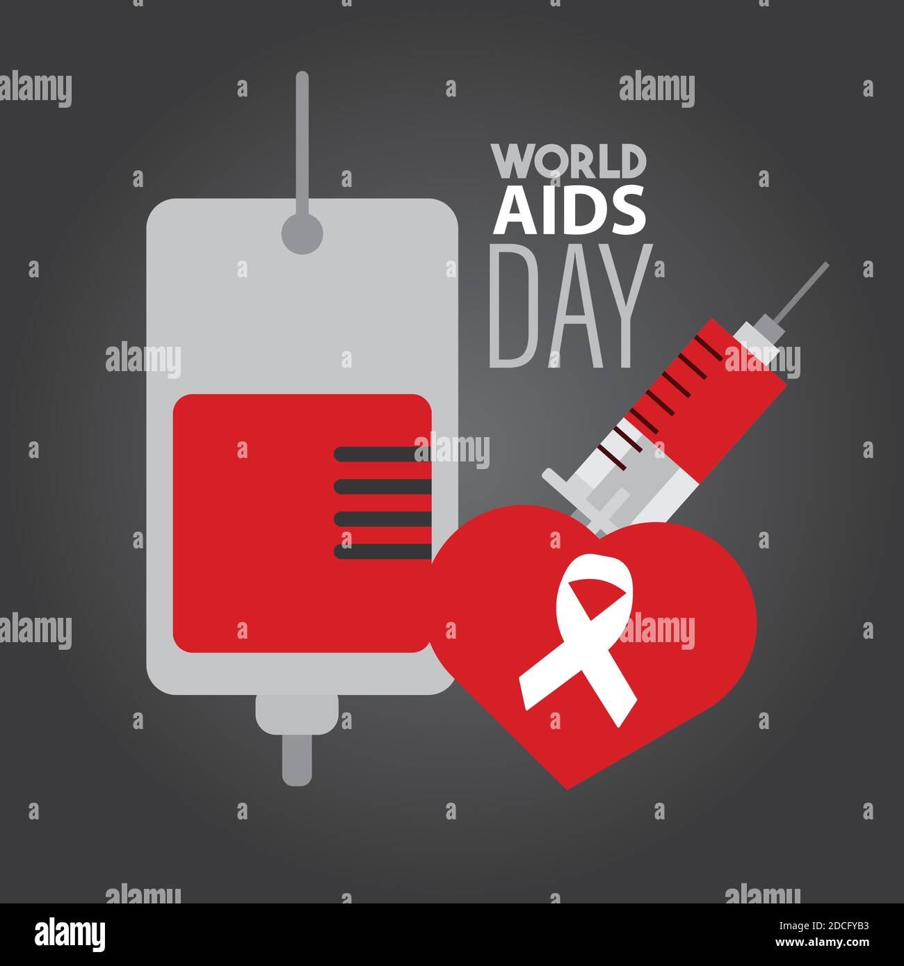 world AIDS day lettering with ribbon in heart and blood bag and syringe ...