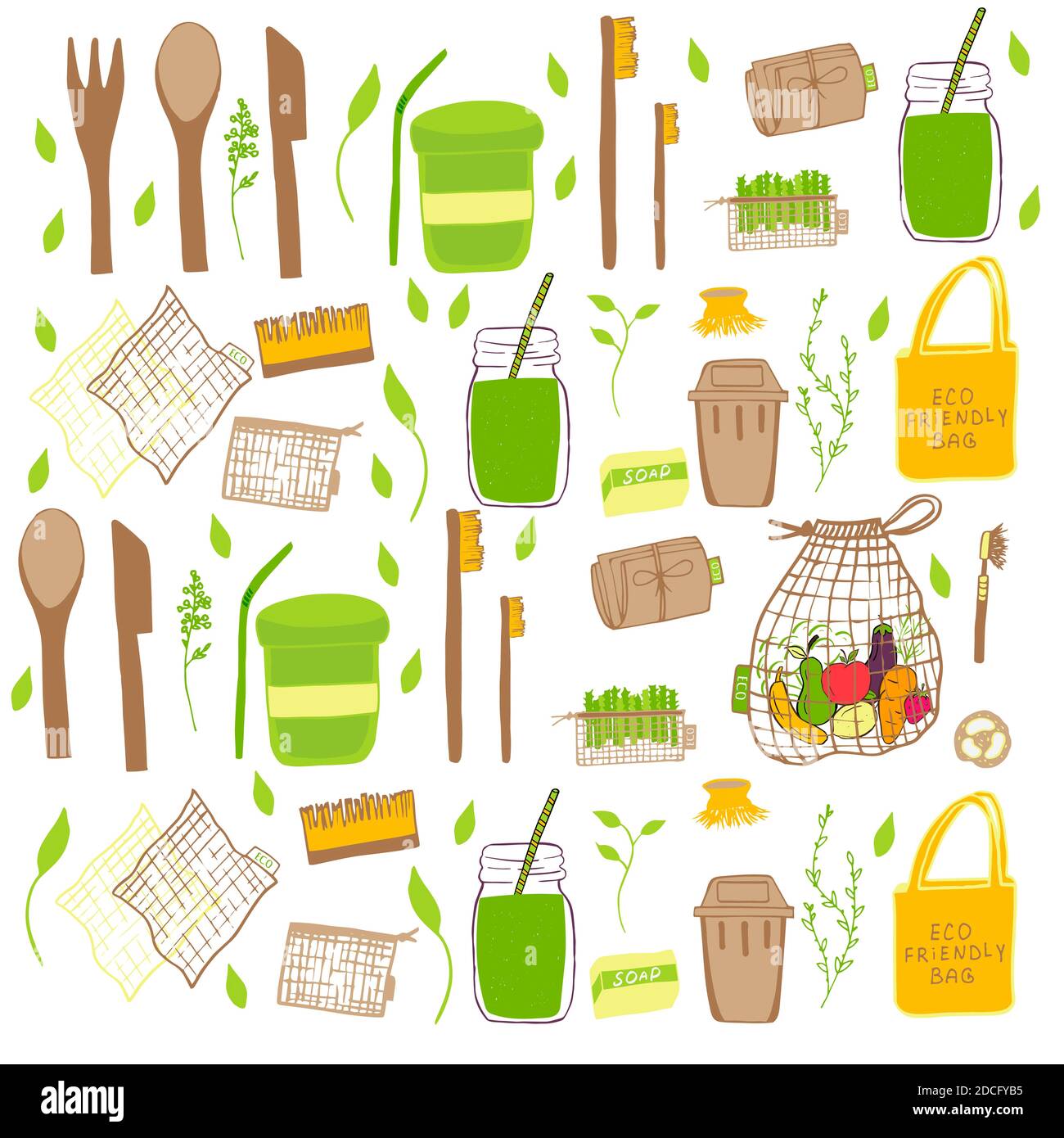 Hand drawn Zero waste concept set. No plastic elements of eco life: reusable paper, bamboo ...