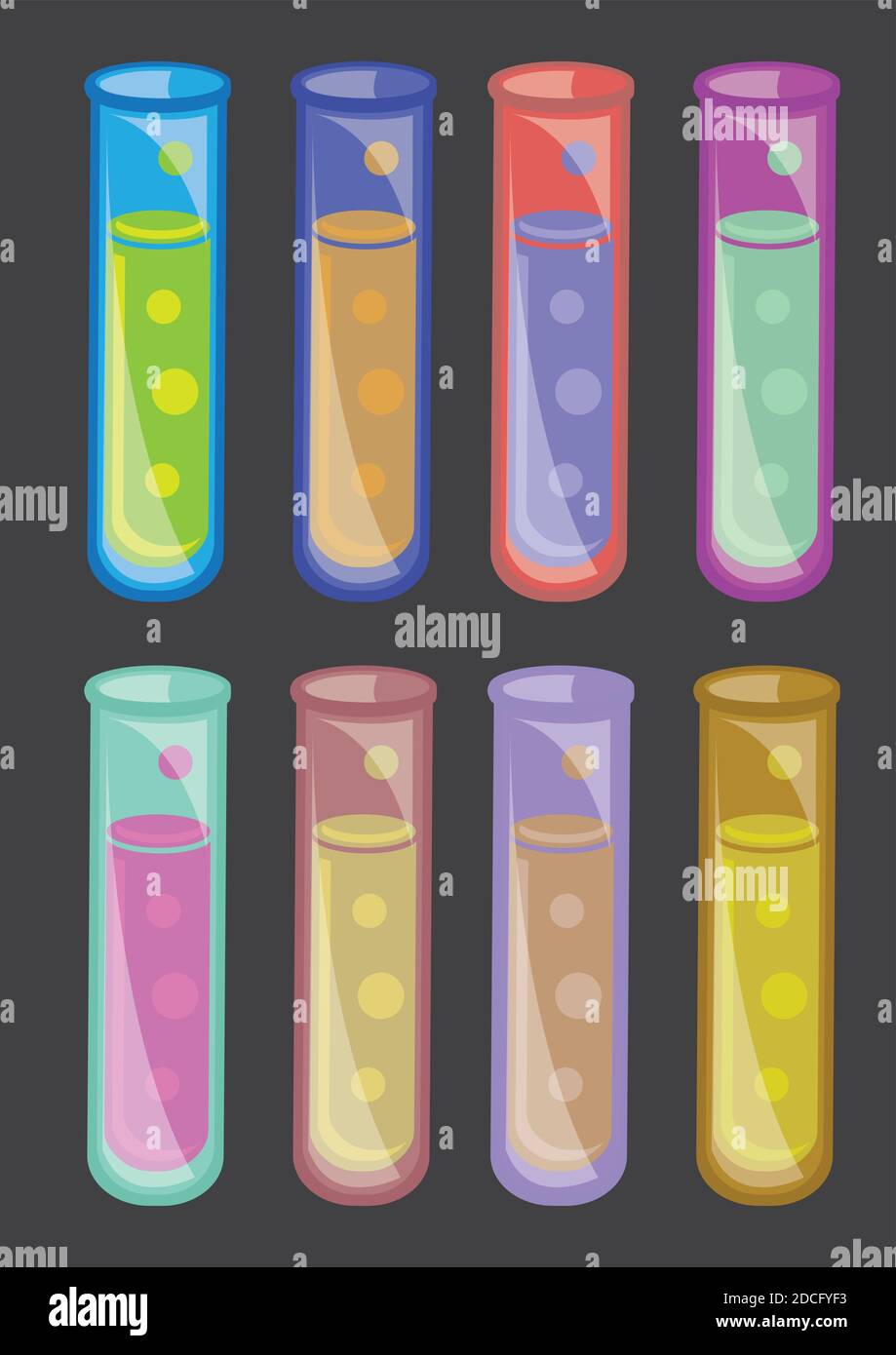 Set of eight vector illustration of fantasy colorful test tubes ...