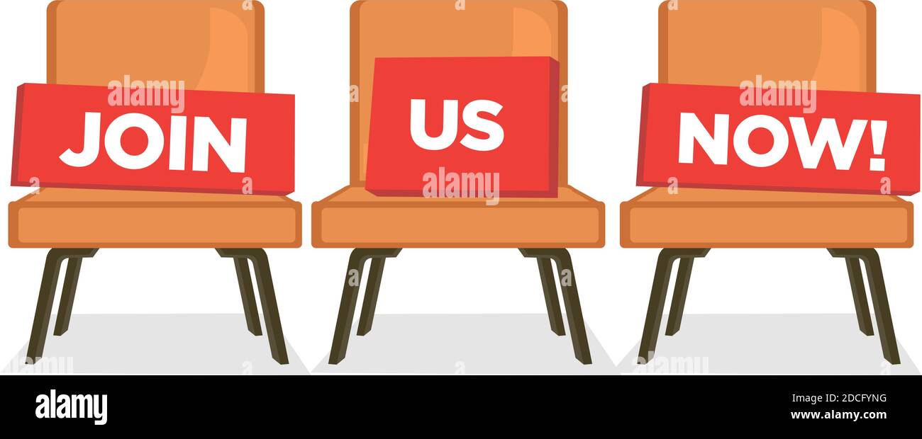 Three chairs with Join Us Now message. Hiring recruitment concept ...