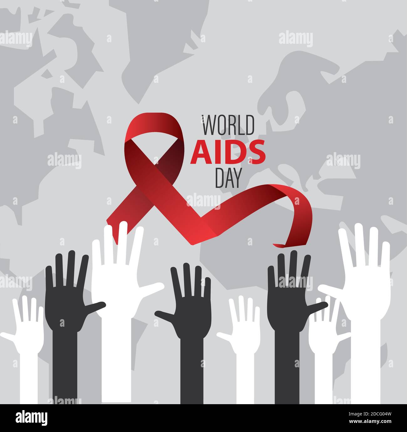 world AIDS day lettering with hands up and red ribbon in earth maps ...