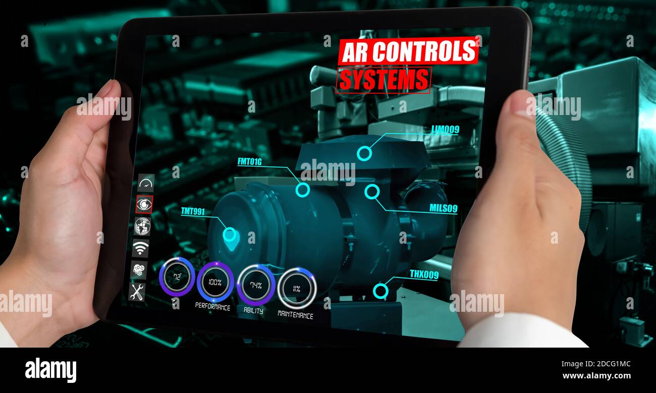 Engineer use augmented reality software in smart factory production ...