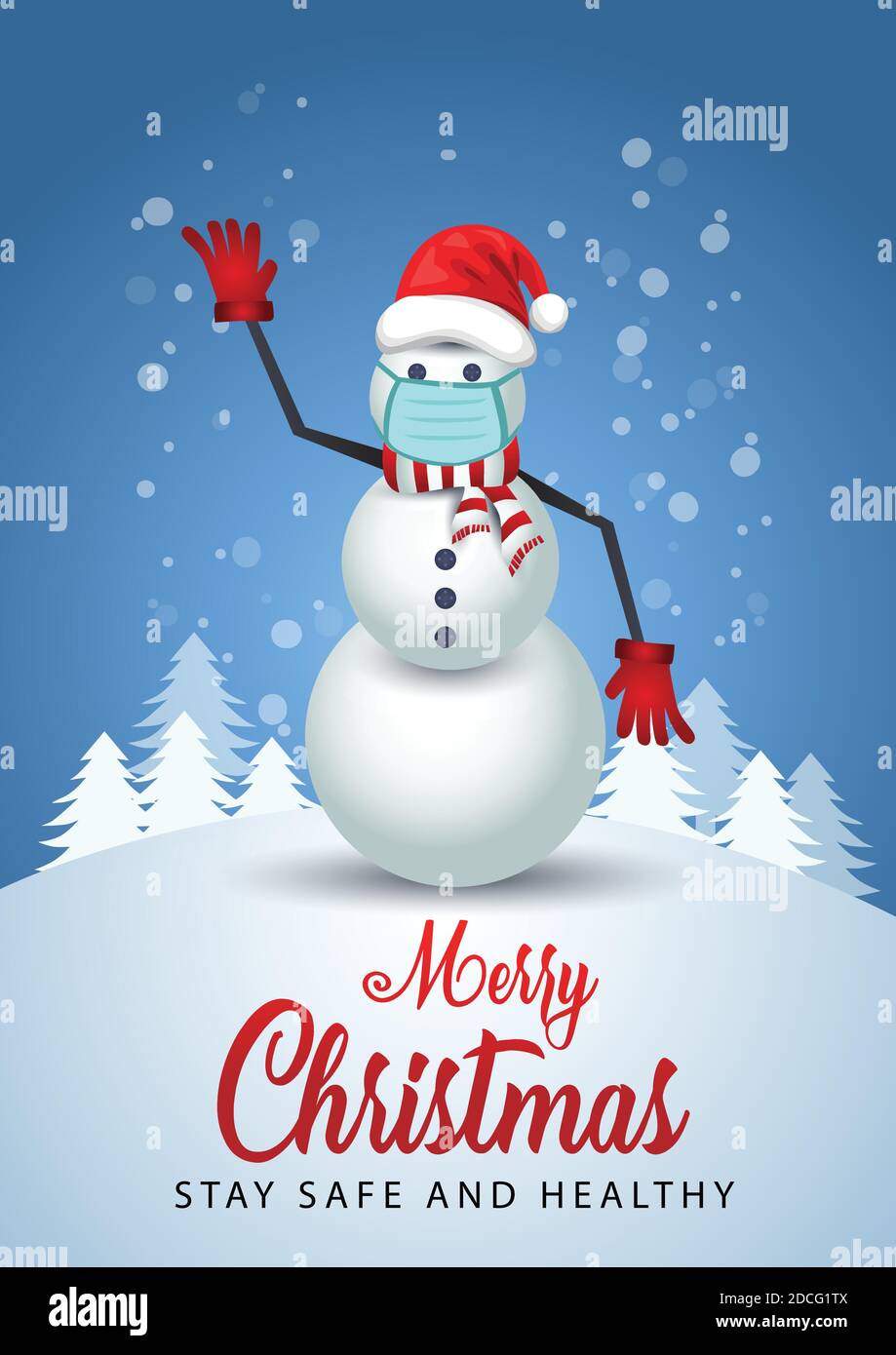 Merry Christmas poster.snowman wearing medical mask and Santa hat ...