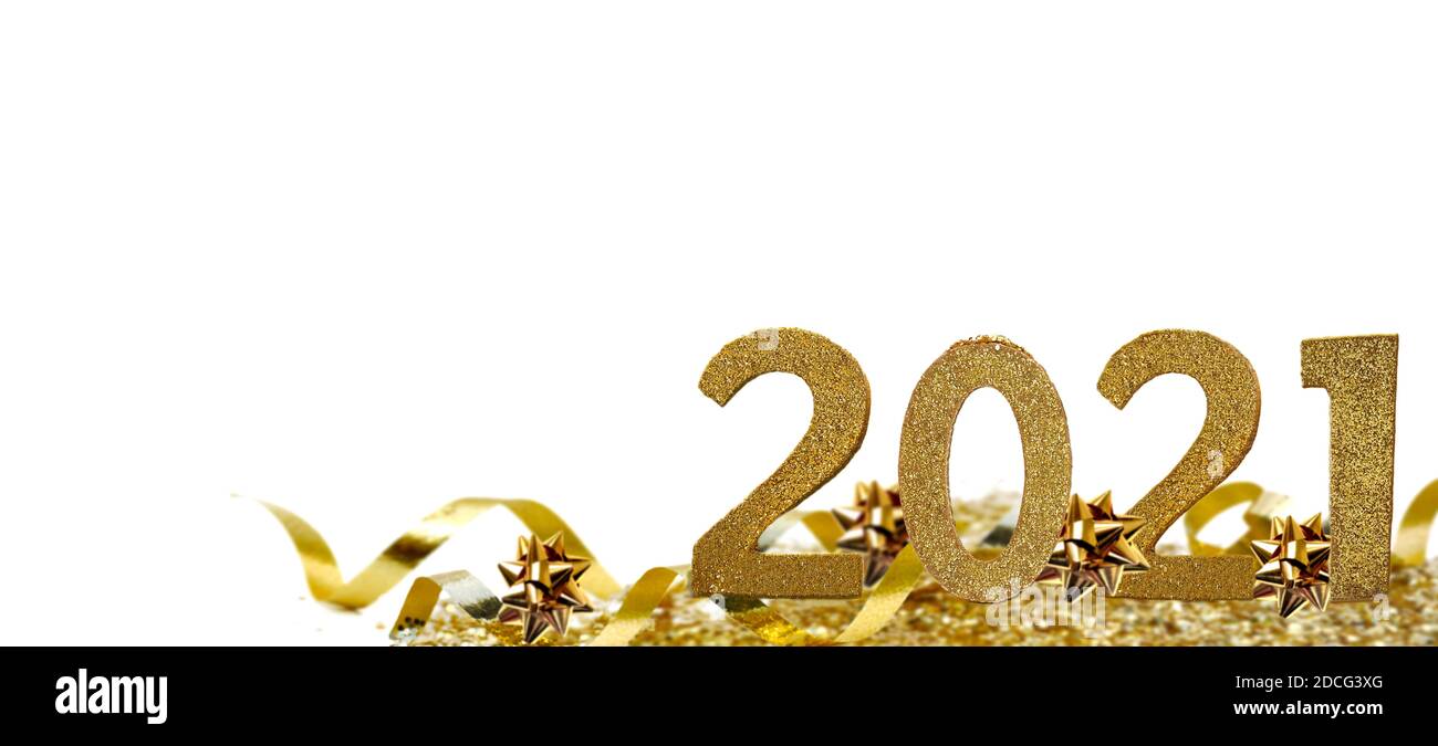 2021 golden figures standing in ribbon and confetti on white background ...