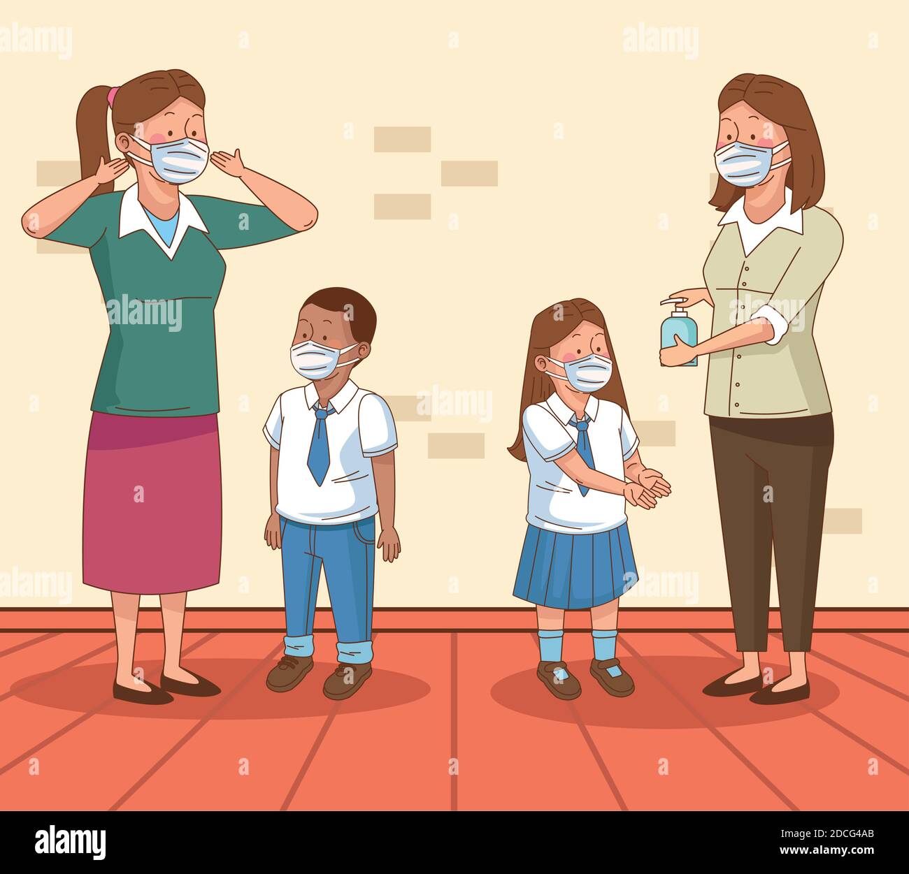 covid preventive at school scene with little students couple and ...