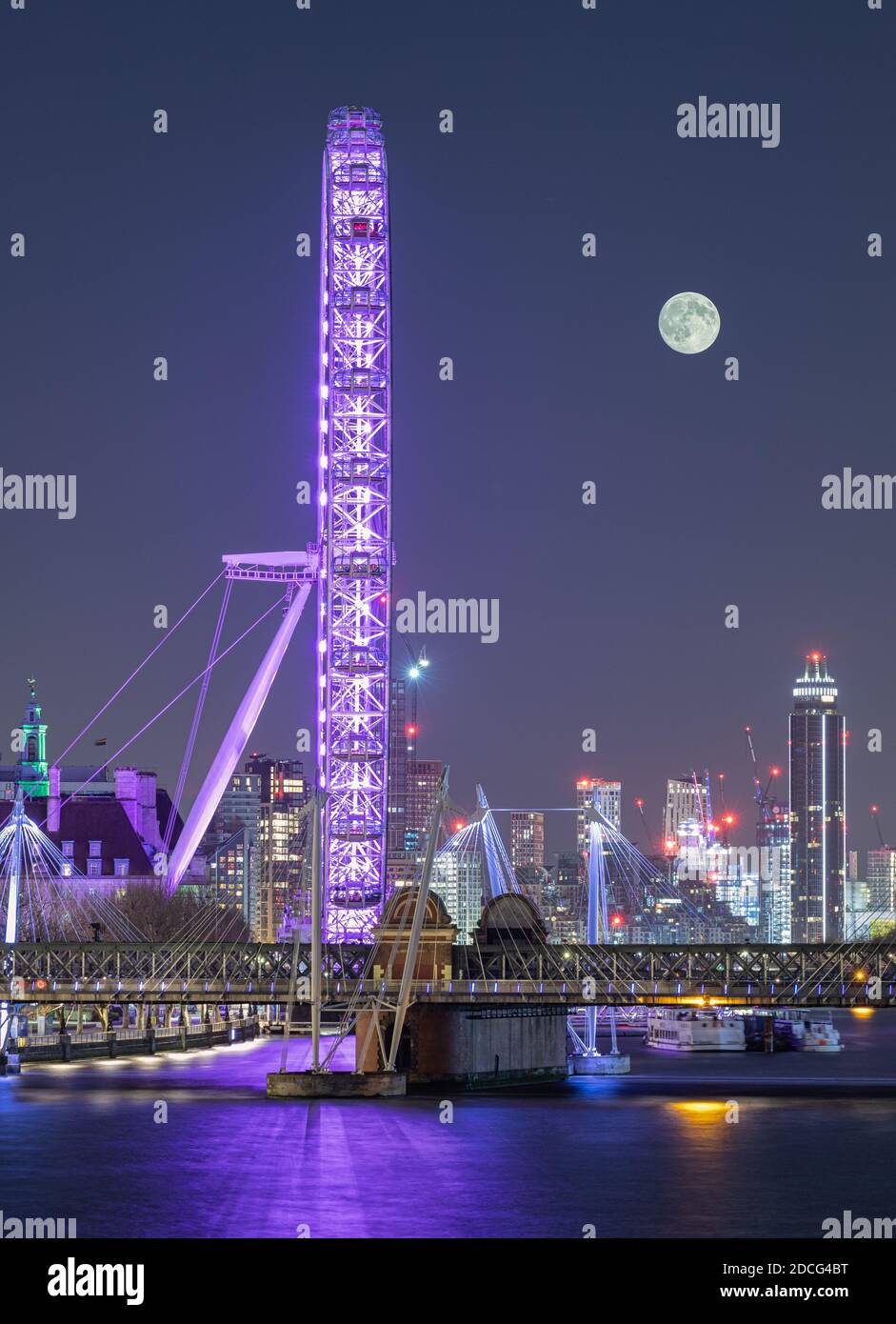 The River Thames and the South Bank in London with a supermoon over the ...