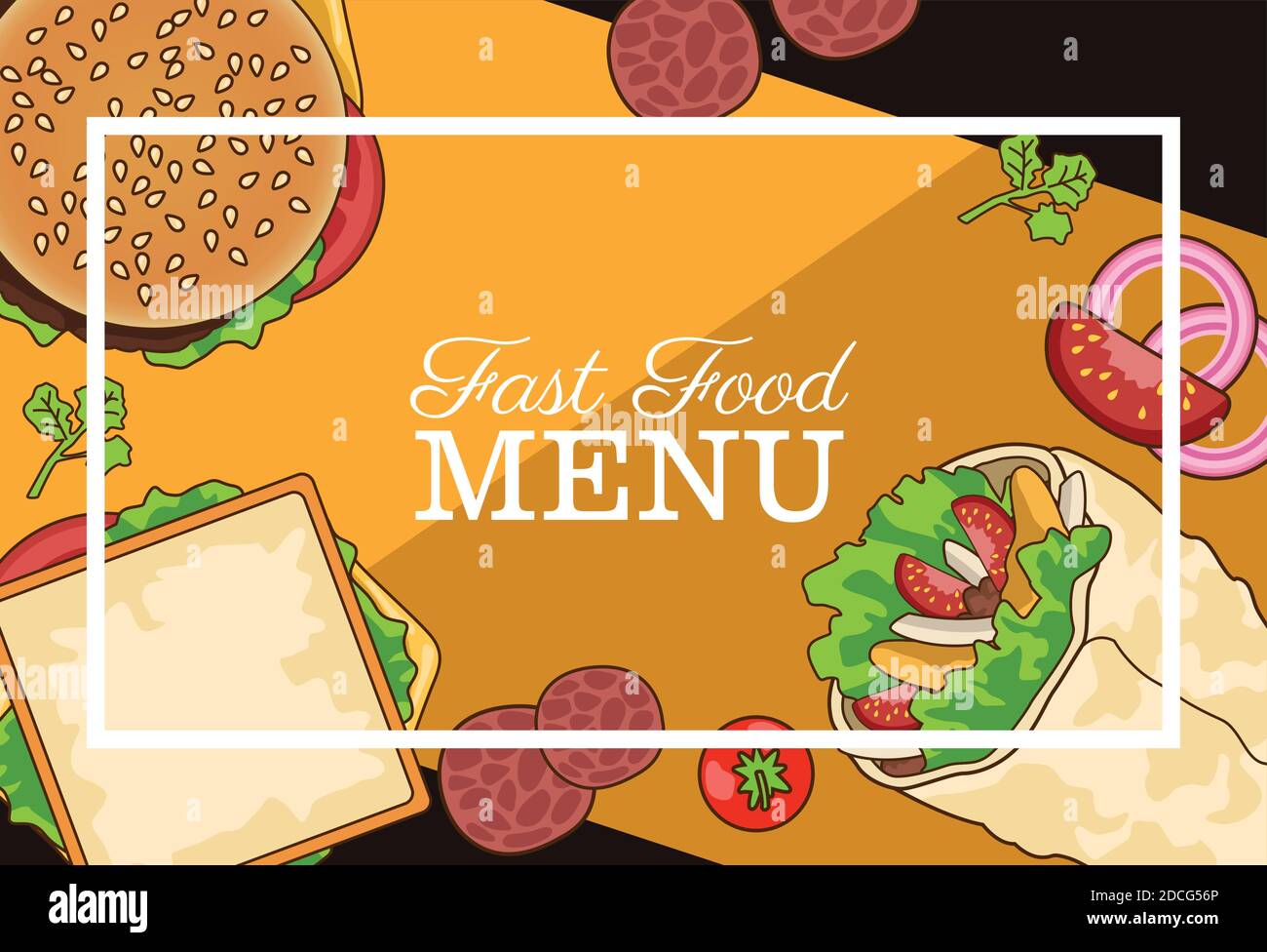delicious fast food menu and lettering in square frame vector ...