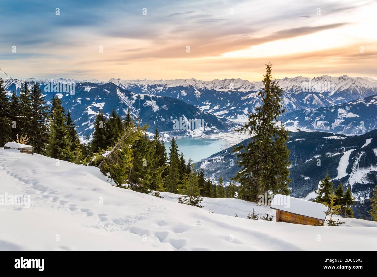 Zell am See and Schmitten town at Zeller lake in winter. View from ...