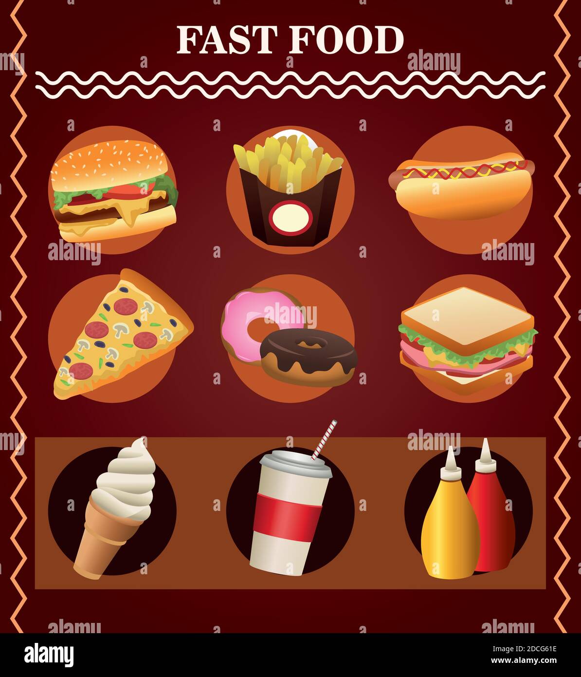 bundle of nine delicious fast food menu and lettering vector ...