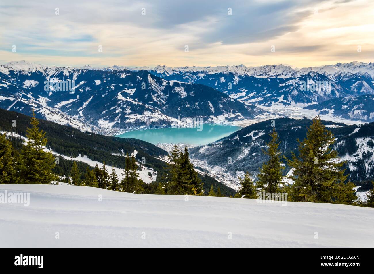 Zell am See and Schmitten town at Zeller lake in winter. View from ...