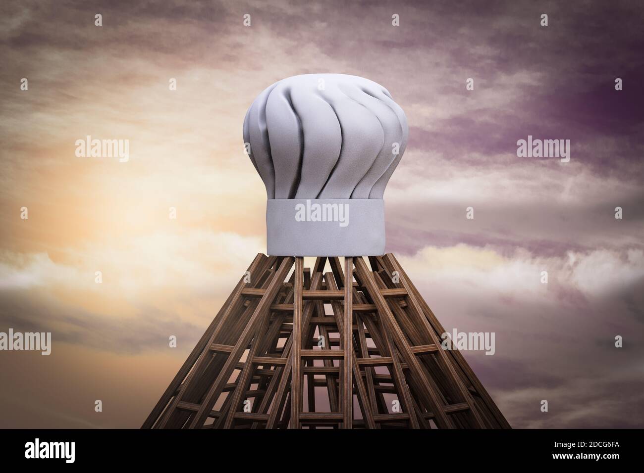 Chef hat on top of many ladders together as pyramid. Cooking idea on ...