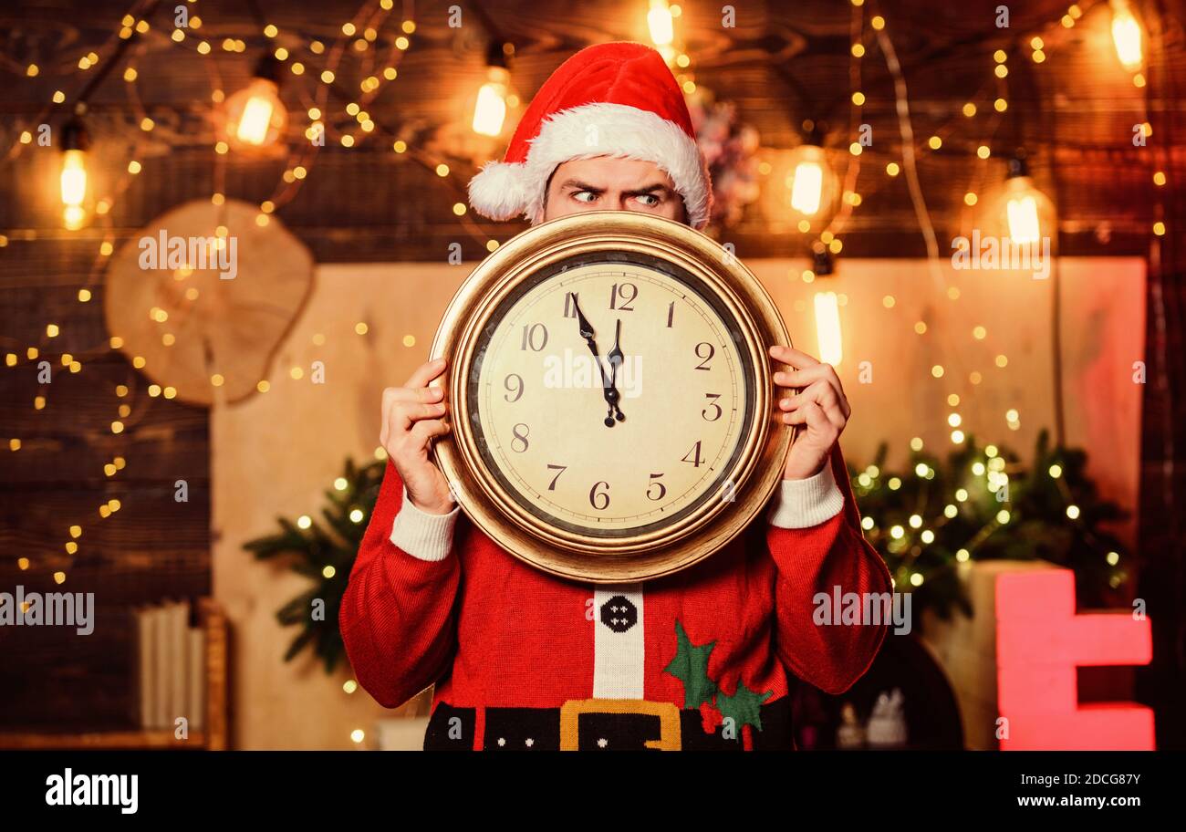 Bearded man informing time. Time for winter party. Get ready. Few ...