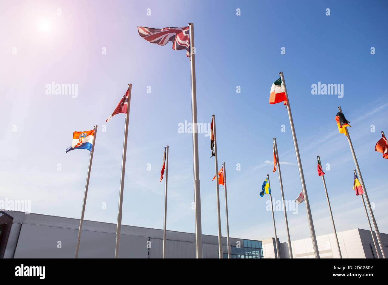flags of European countries on flagstones against the sky Stock Photo ...