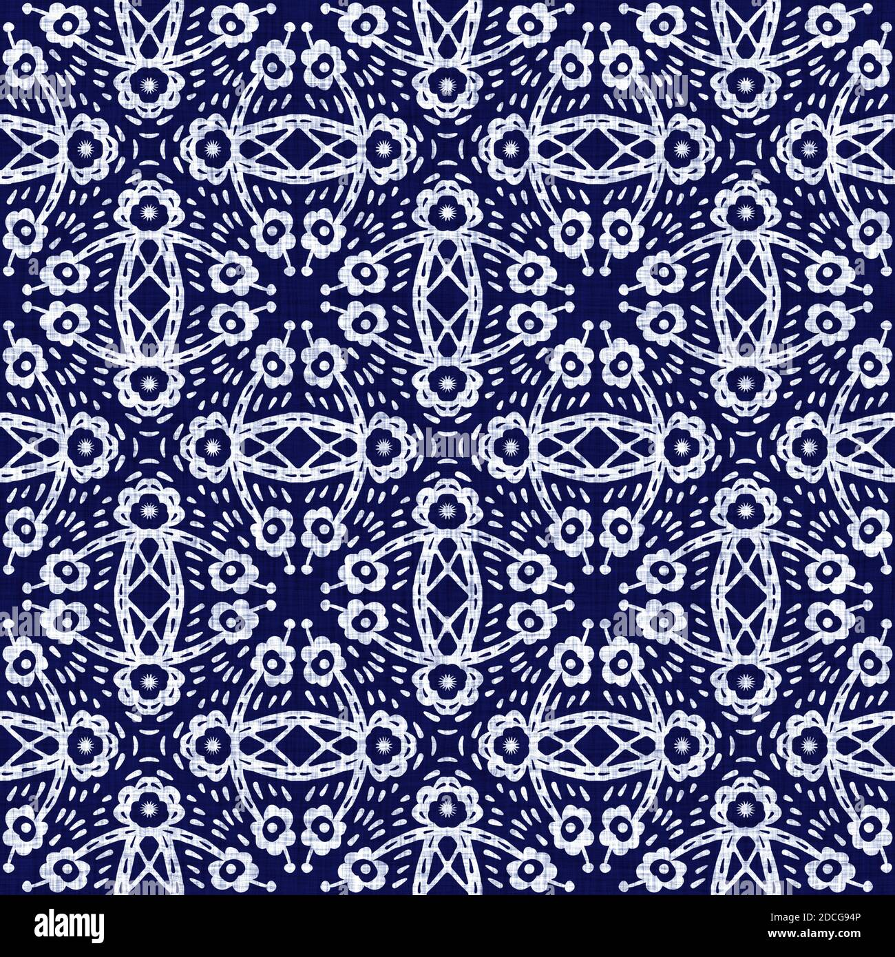 Indigo blue flower block print dyed linen texture background. Seamless ...