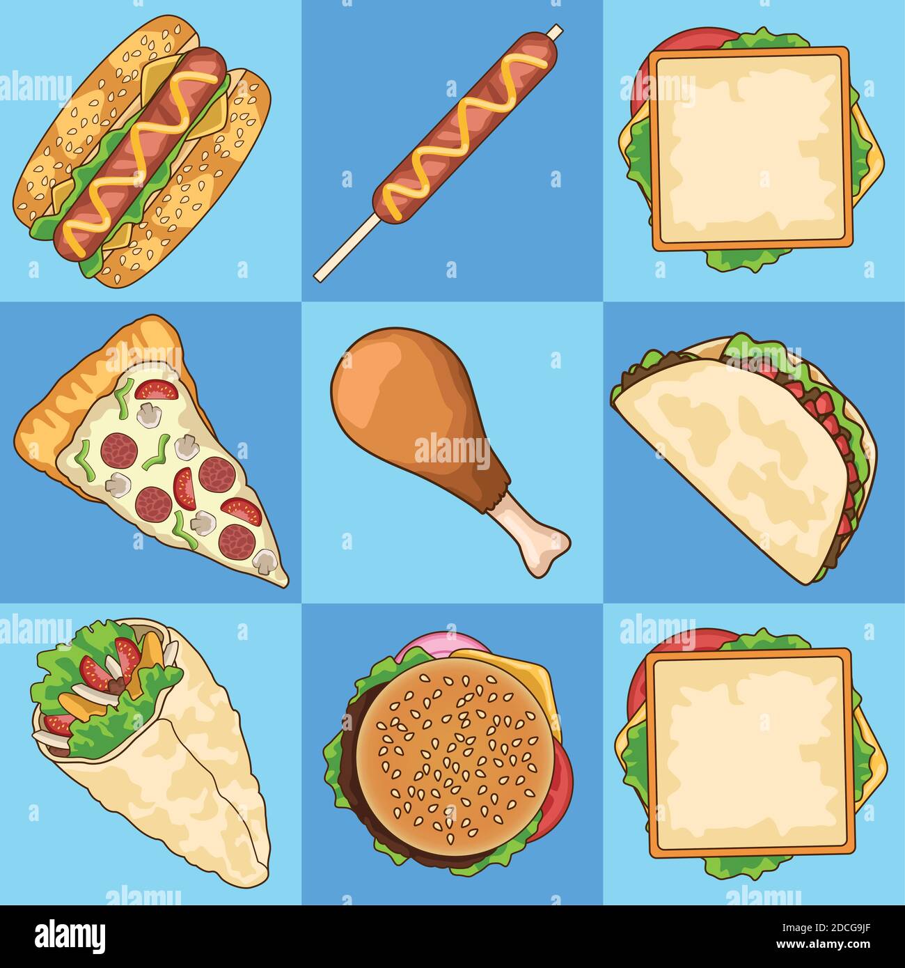 bundle of nine delicious fast food in blue background vector ...