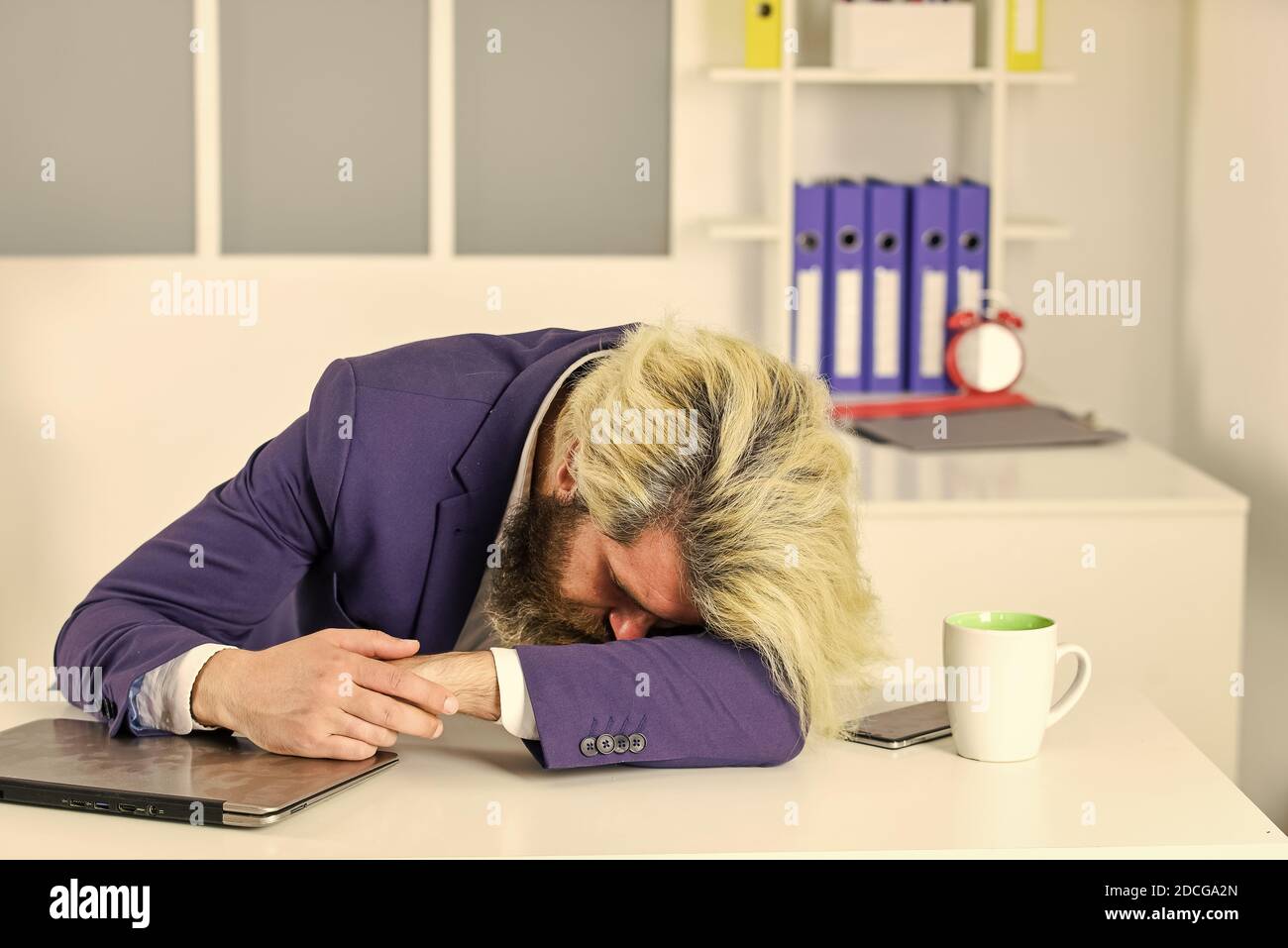 Fall asleep. Workaholic concept. Energy and tiredness. Man fell asleep ...