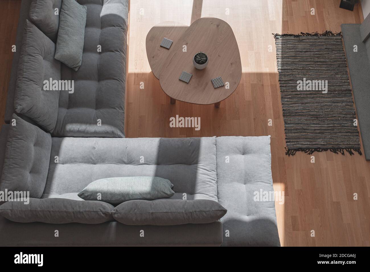 Top view of modern design living room with wooden floor, light tones ...