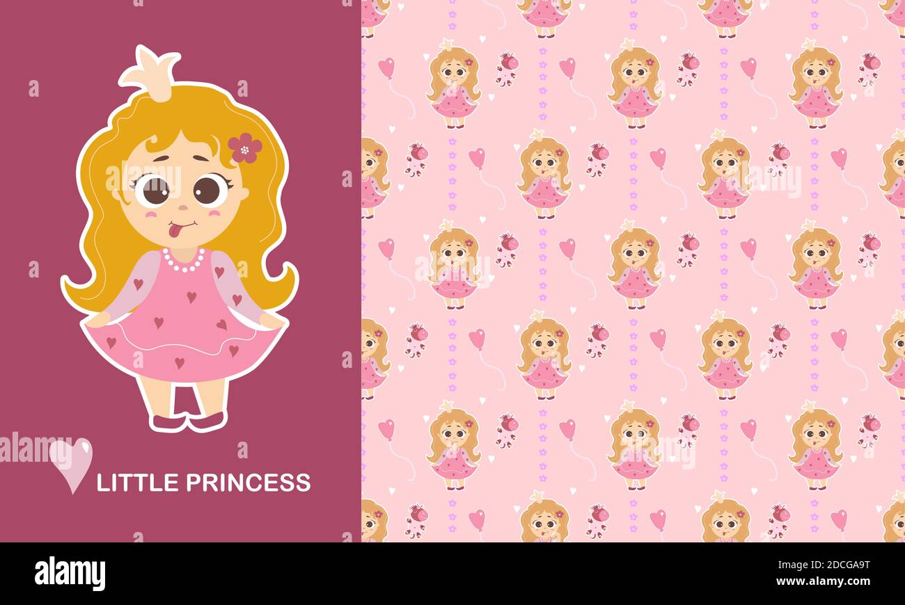 Little princess character and seamless pattern. Cute Princess Girl with ...