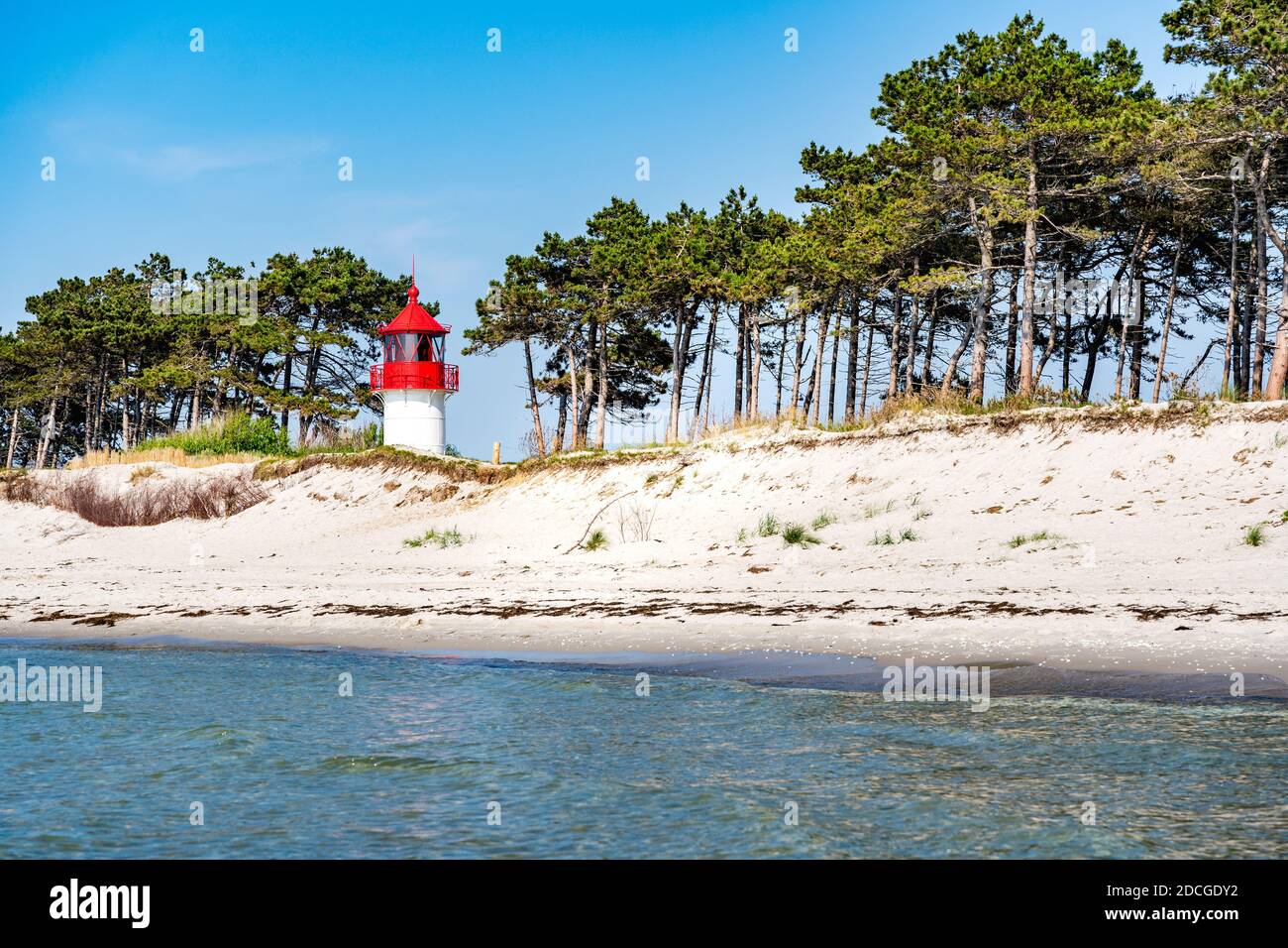beach with trees and red white beacon Stock Photo - Alamy